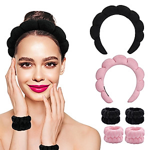 YANGYICHEN Sponge Terry Cloth Makeup Headband, 6-pack Skincare Headbands and Wristbands Set for Women and Girls, Spa Headband for Washing Face, Pink, Black