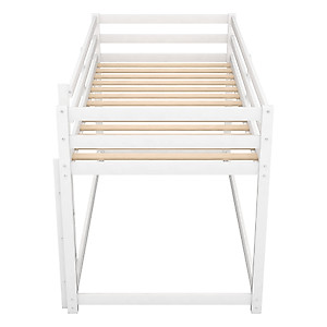 ZJIAH Solid Wood Twin Over Twin Floor Bunk Bed w Ladder, Safety Guard Rails, Wooden Twin Bunk Beds for Teens/Adults, Low Bed Frame Bedroom Furniture, No Box Spring Required, White