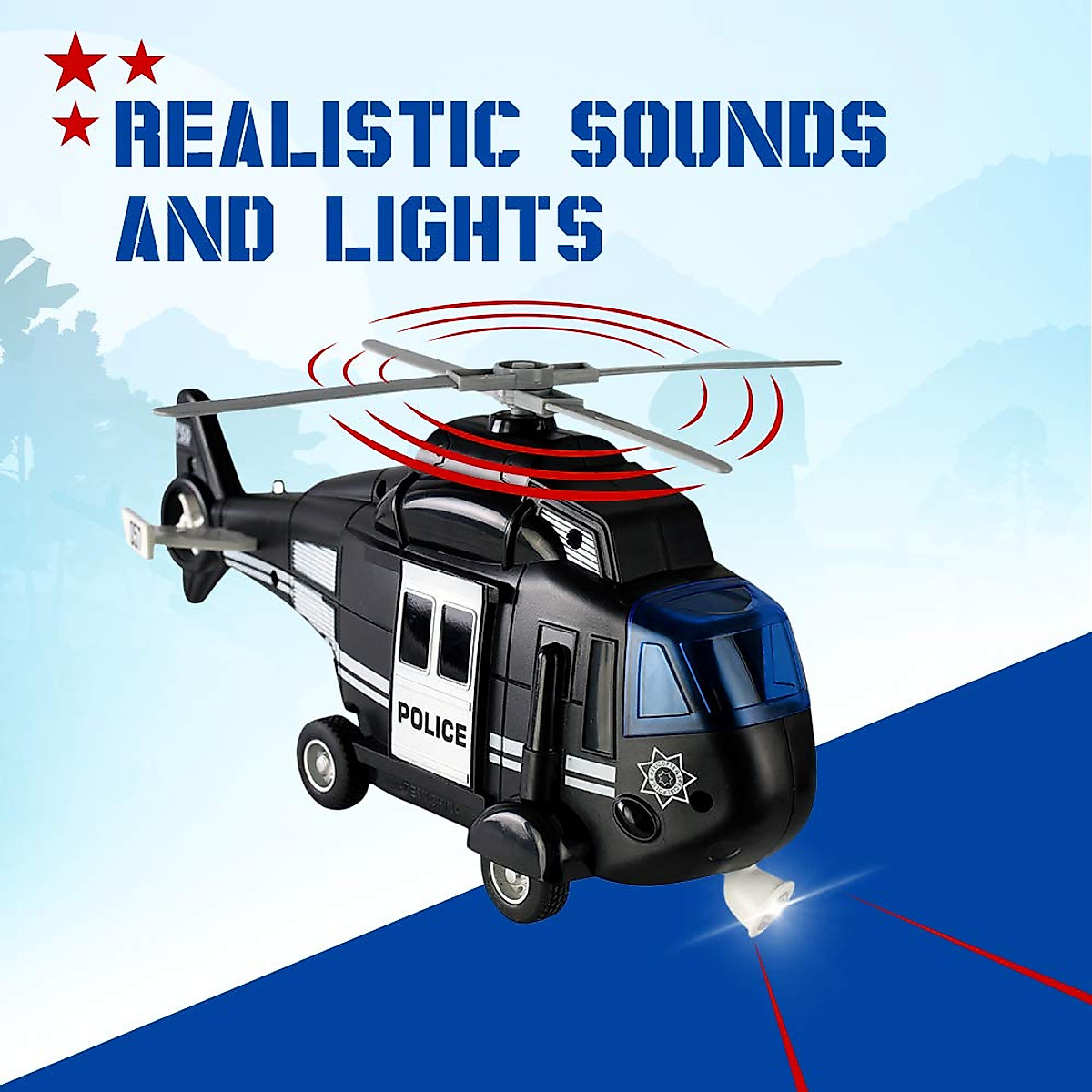 WolVolk Police Helicopter - Solid Built Push & Go Chopper Toy with Lights & Sounds - Aids Hand-Eye Coordination for Kids Boys & Girls (Black)