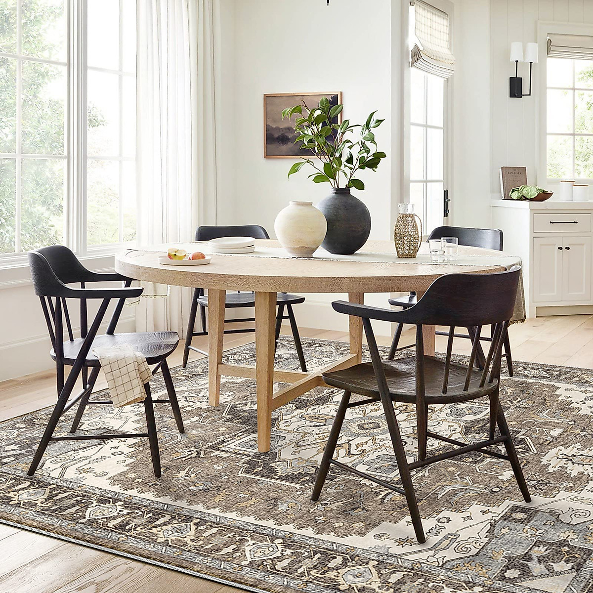 Washable Living Room Area Rug - 9x12 Large Bedroom Rug Distressed Oriental Non-Slip Non-Shedding Print Floor Carpet for Dining Room Kitchen（Beige, 9 x 12）