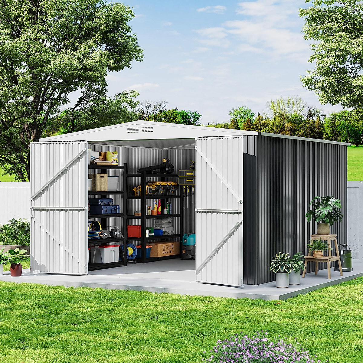 GarveeLife 10x10 Shed for Outdoor Storage, Galvanized Steel Metal Tool Sheds House with Lockable Doors, Lock & Air Vent, Large Utility Sheds for Patio Garden Lawn