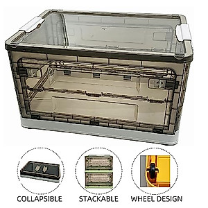 whale pocket Large Clear Plastic Storage Box with Lid Wheels Collapsible Storage Bins with Double Doors Stackable Folding Container Organizer Cube for Home Office Closet (White)