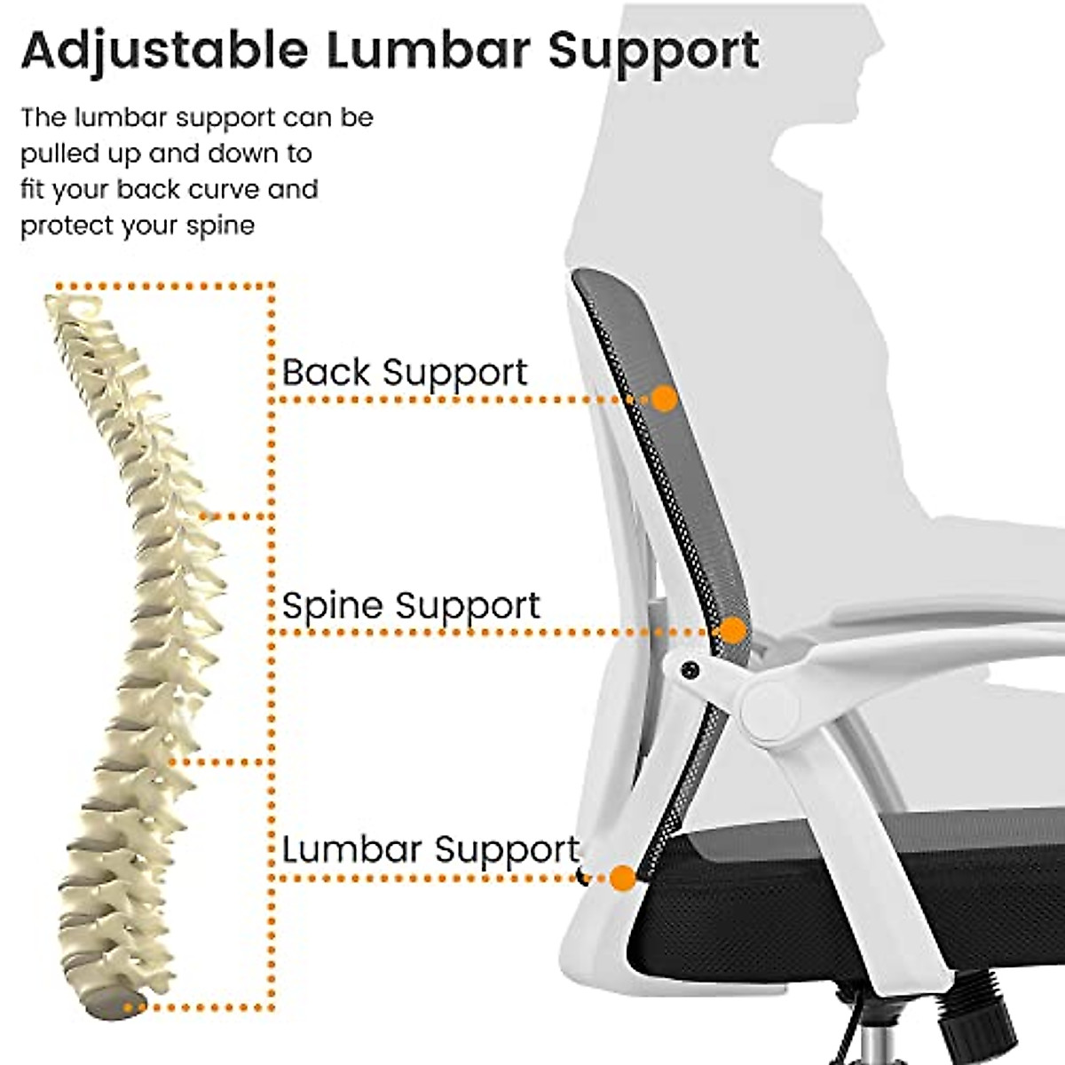 Topeakmart Office Chair Ergonomic Desk Chair with Adjustable Lumbar Support, Mid Back Mesh Computer Chair with Flip-up Armrests Task Chairs, Executive Chair for Home Office, White