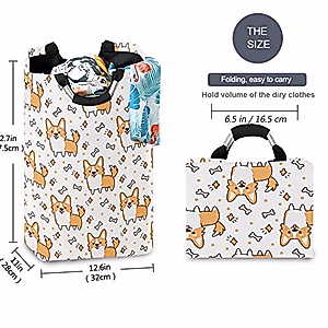 visesunny Collapsible Laundry Basket Corgi Dog with Bone Cartoon Animal Large Laundry Hamper with Handle Toys and Clothing Organization for Bathroom, Bedroom, Home, Dorm, Travel