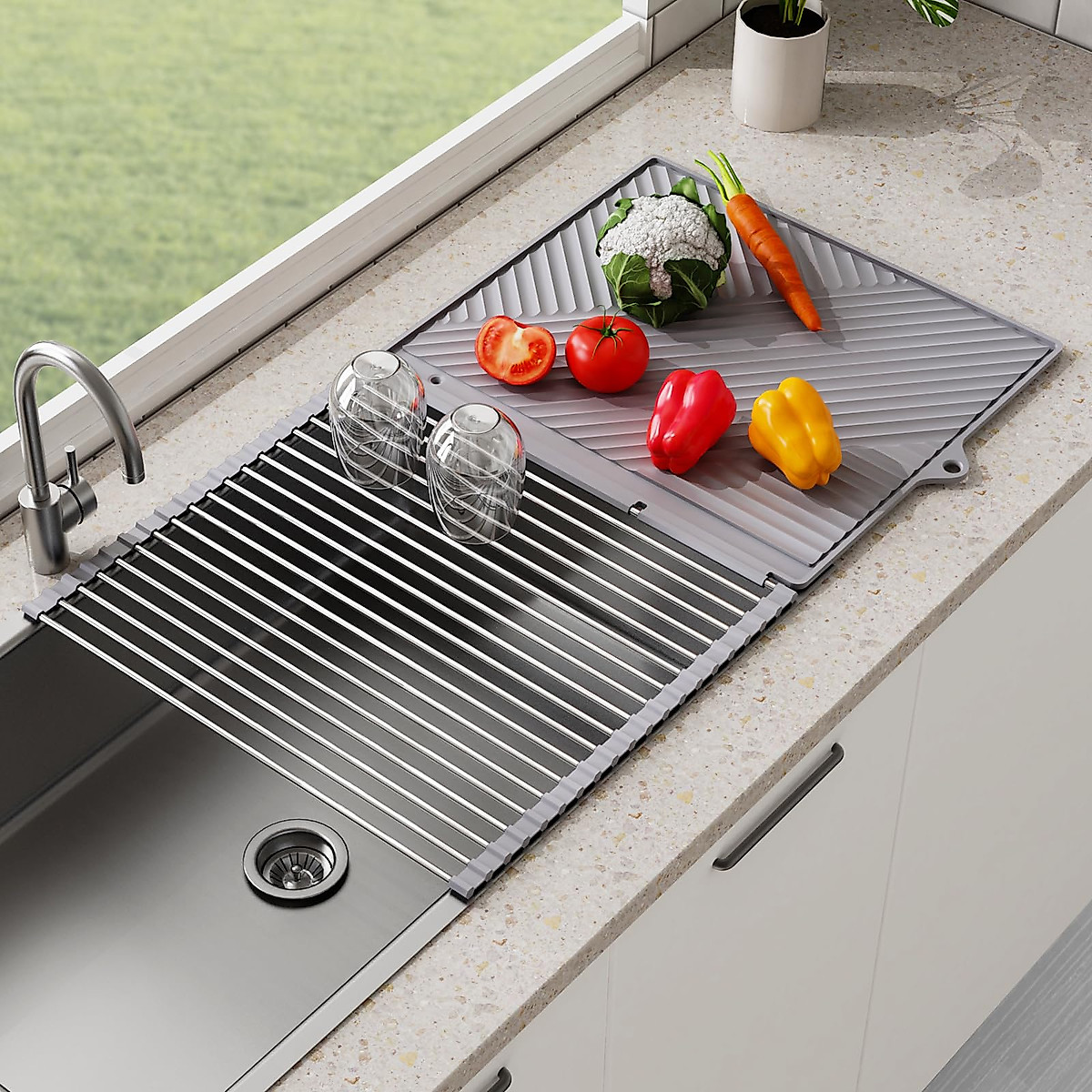 NiHome Two-in-One Roll Up Dish & Utensil Drying Rack with Silicone Mat, Heat-Proof Anti-Slip Design with Patented Drainage - Space-Saving, Dishwasher Safe & Efficient Kitchen Organizer for Countertop