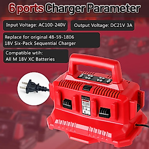 【6 Port & Wall Hole】 Replacement for Milwaukee M18 Battery Charger 6 Port 48-59-1806 18V for Milwaukee Multi Charger with Power Choose Button,6 LED Indicators