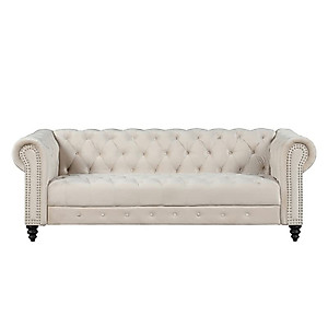 RN Furnishings Chesterfield 89" Button Tufted Velvet Fabric Sofa-Beige