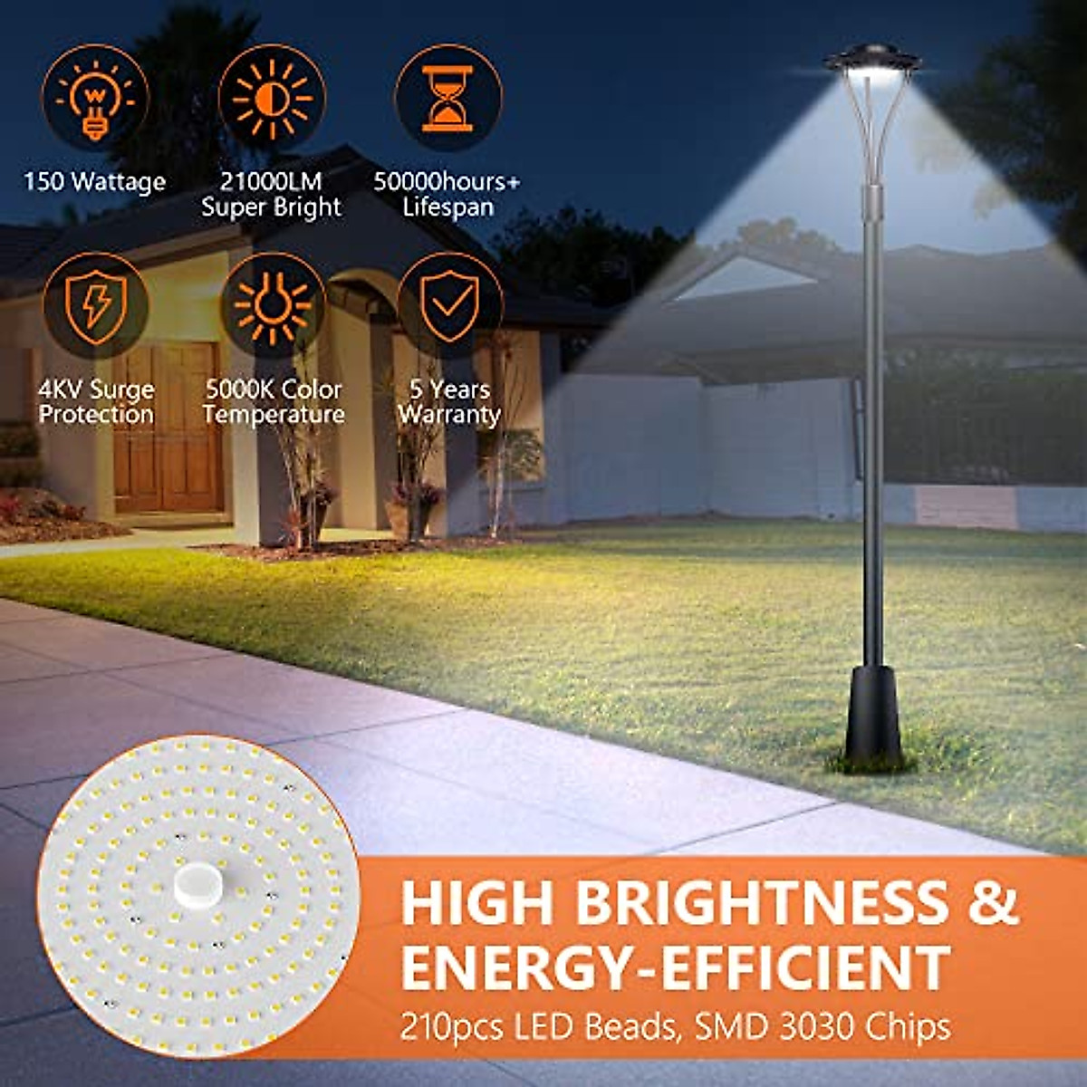 Yihuven 150W Led Post Top Light, 21000Lm(950W Equi), 5000K Daylight, IP67 Waterproof Outdoor LED Circular Area Pole Lighting Fixture for Street Garden Yard Pathway Driveway Front/Back Door