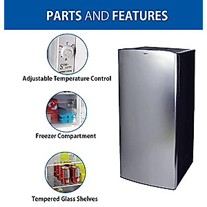 Koolatron Stainless Steel Compact Fridge with Freezer, 6.2 cu ft (176L), Silver/Black, Space-Saving Flat Back, 0.9 cu ft (25.5L) Freezer, Tempered Glass Shelves, Basement, Office, Cottage, Home Bar