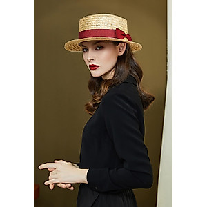 BABEYOND Men's 1920s Brim Boater Hat Gatsby Straw Hat 20s Costume Accessories Wine Red