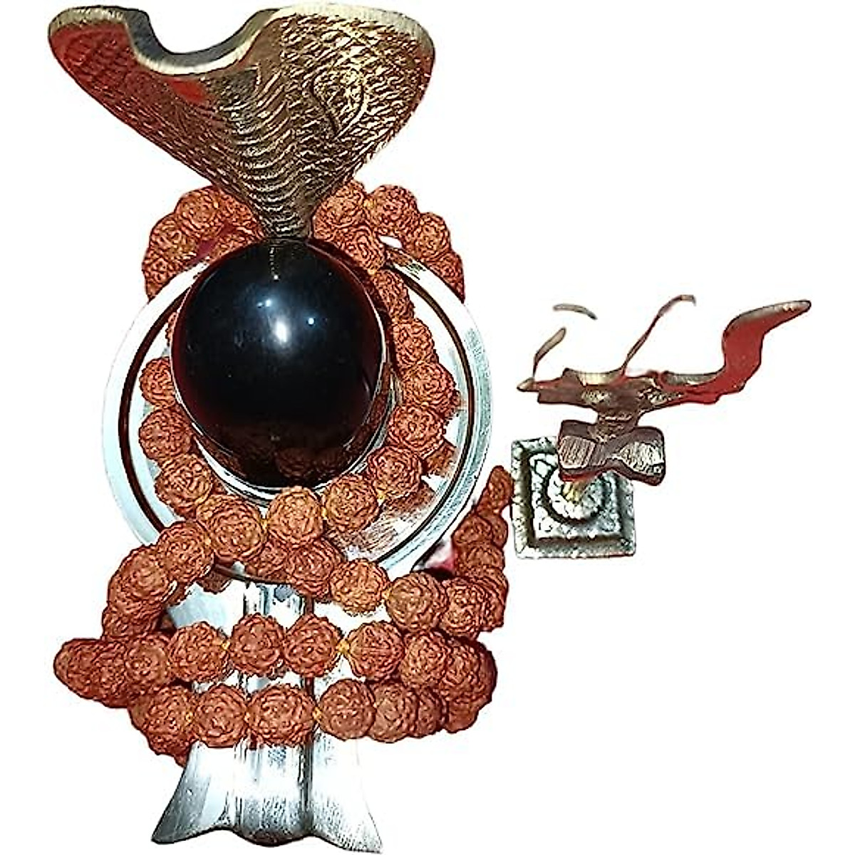 Shaligram Shiva Ling Lingam Shivling Naaga Brass Stand 4.7 Inches Approx Tirshul 4 inch Rudraksha mala 108 Beads 6mm