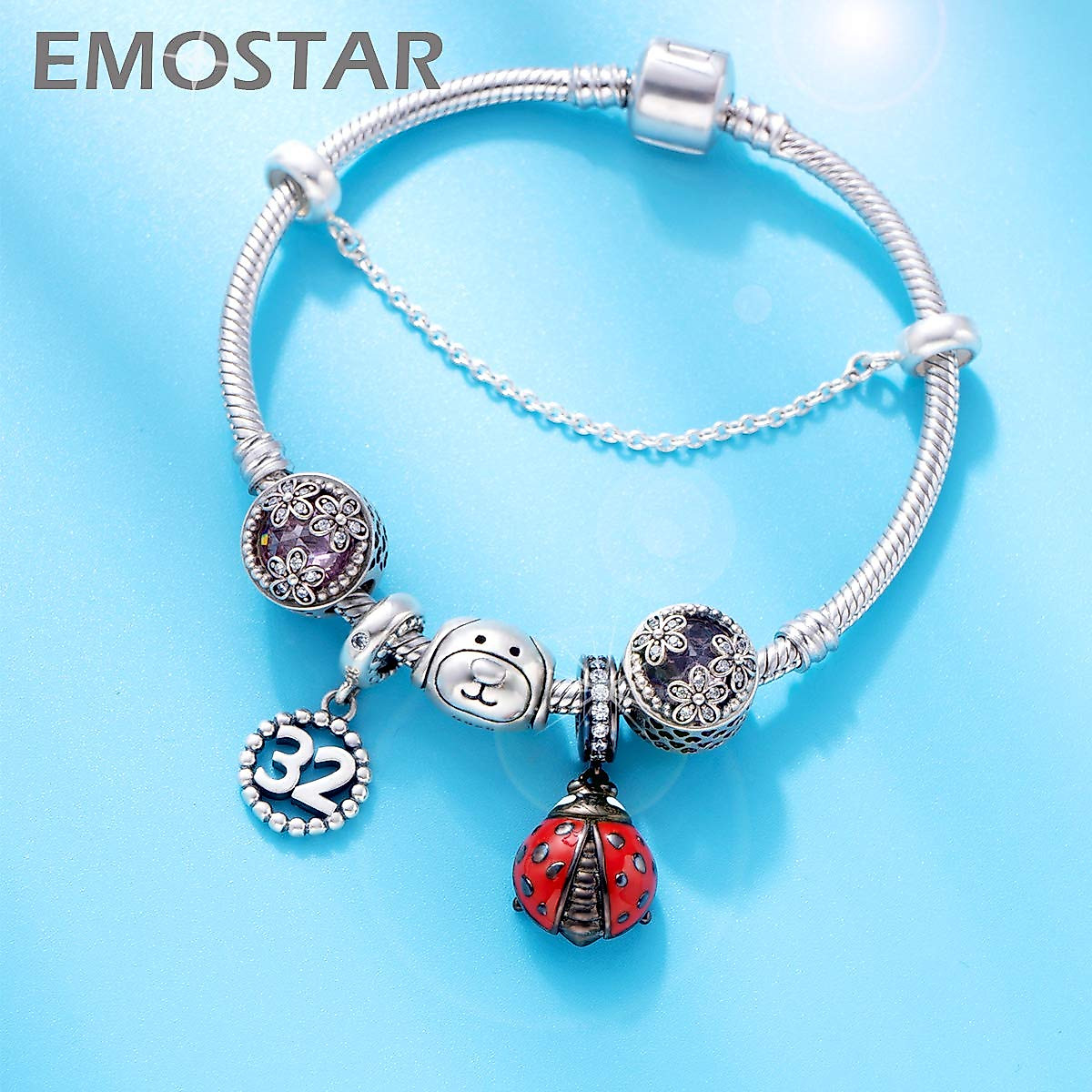 EMOSTAR Dangle Gun Black Ladybug Charms fits Pandora Christmas Bracelet, 925 Sterling Silver Ladybird Beetle Beads Lady Bug Pendant with Red Wings Enamel, Gift for Insect Lover/Women