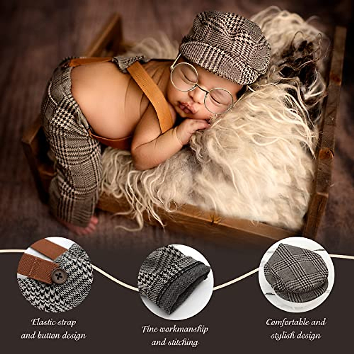 SPOKKI 4 Pcs Newborn Baby Photo Props, Lattice Rompers Suspender Pants with Beret Glasses Bow Tie for Infant Boys' Costumes, Newborn Boy Photography Outfit Set, Checked Fabric Gentleman Suit (Brown)