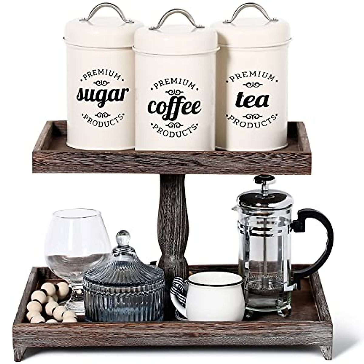 Farmhouse Tiered Tray Stand Rustic Wood Tiered Tray Decor Holder Farmhouse Wooden Tiered Tray Decorative 2 Tier Rectangular Tray Serving Farmhouse Two Tiered Stand for Home Kitchen Cake (Brown)