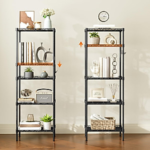 HOOBRO 5-Tier Storage Rack, Wire Shelving Unit with Adjustable Shelves, Standing Metal Shelf with Removable Drawer and 5 Hooks for Bathroom, Living Room, Bedroom, Kitchen, Black BK25CJ01