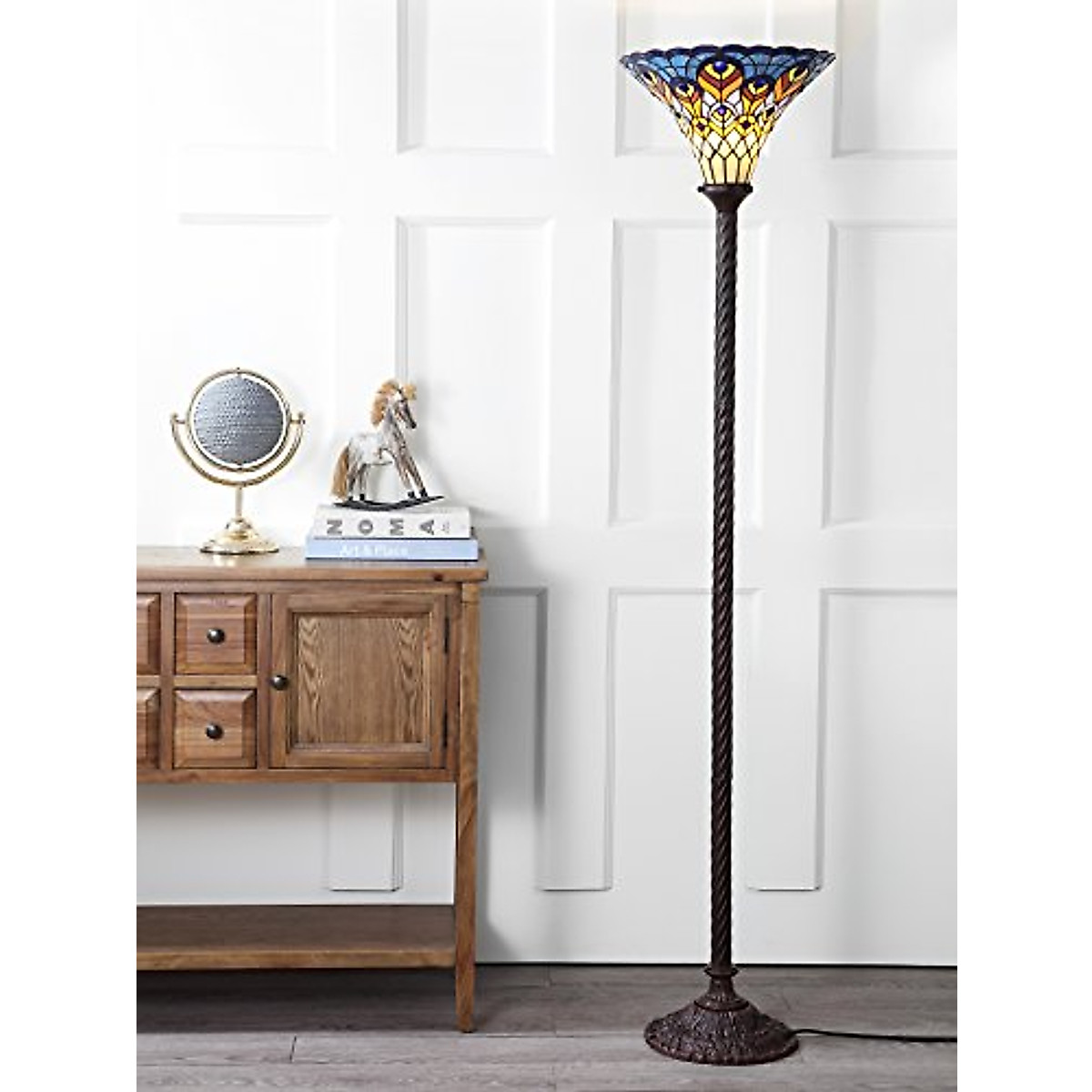JONATHAN Y JYL8006A Peacock Tiffany-Style 70" Torchiere LED Floor Lamp, Tiffany, Traditional, Art Nouveau Style, Office, Bedroom, Living Room, Family Room, Dining Room, Hallway, Foyer, Bronze