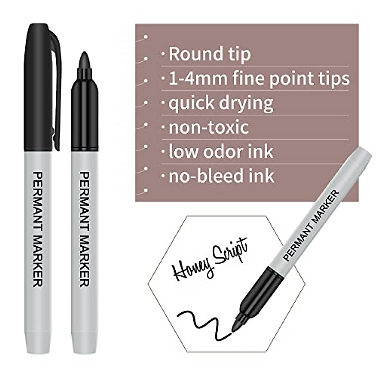 Piochoo Permanent Marker Pens, 24 Counts Black Fine Point Permanent Marker Sets for Writing Doodling Marking Coloring