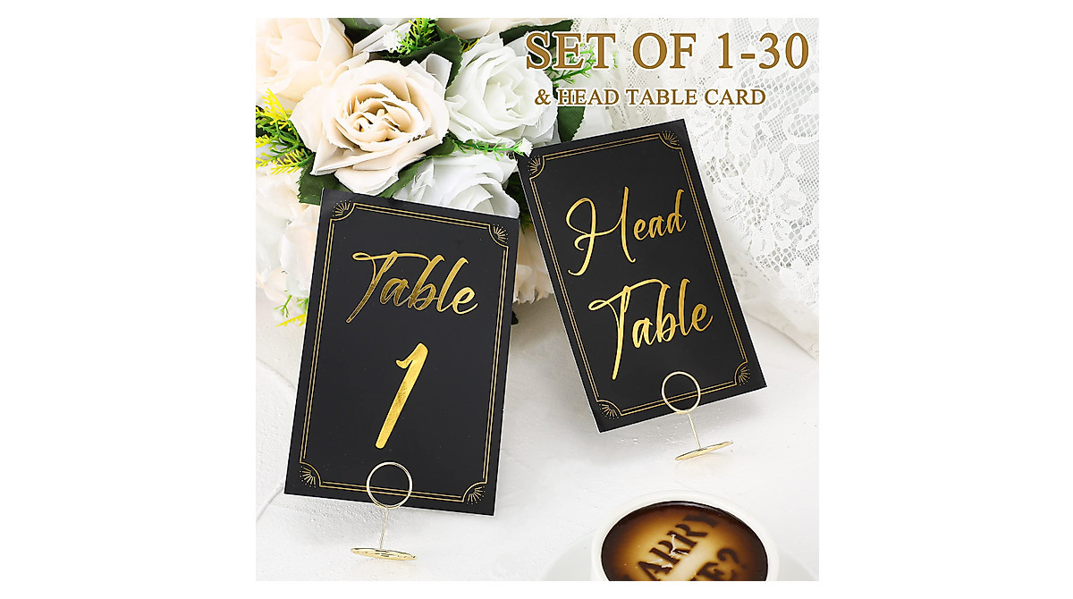 Elegant 31 Sets Black & Gold Table Number Cards for Weddings & Events