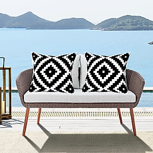 Yaofavo Outdoor Pillow Covers Set of 2, Waterproof Boho Throw Pillow Covers Geometric Pillow Cases for Patio Garden (Black&white-04, 18x18 Inch)