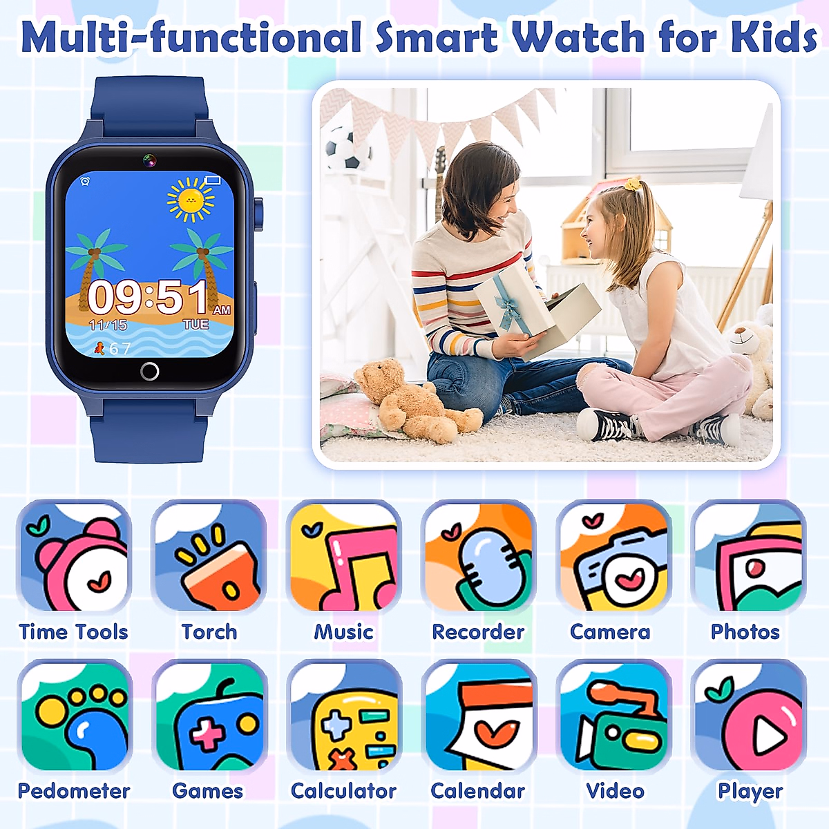 Luyiilo Smart Watch for Kids, with 26 Puzzle Games, Touch Screen, HD Camera, Alarm Clock, Toys for Ages 4-12 Years Old.Birthday Gift for Boys Girls (Blue)