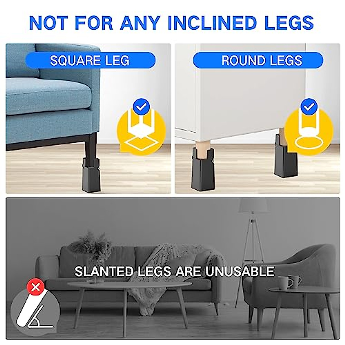 XNN Furniture Risers Adjustable Bed Risers 4 Inch with Screw Clamps, Heavy Duty Risers Suitable for 0.8-1.6" Small Furniture Legs, Table Chair Sofa Cabinet Risers, Supports 20000 LBS (Black 4 Pack).