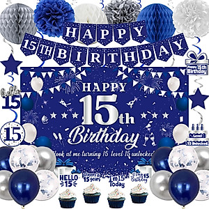 15th Birthday Decorations for Boys Girls, Blue Silver Happy 15th Birthday Party Decorations, Happy 15th Birthday Backdrop, Banner, Balloons, Hanging Swirls, Birthday Cards, Cake Toppers, Pompoms 54pcs