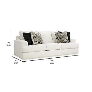 Benjara Henly 96 Inch Sofa, Oversized, 4 Accent Pillows, Soft Polyester, White, Gray, Black and Ivory