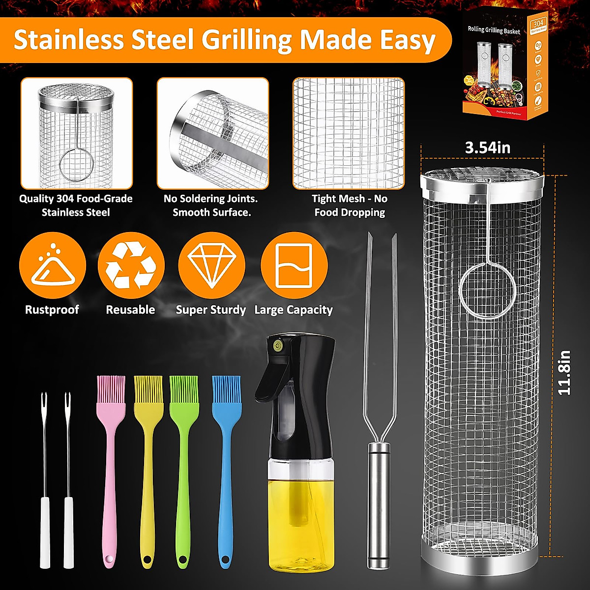 Grill Basket 2 PCS, BBQ Grill Basket, Rolling Grilling Basket, Stainless Steel Grill Mesh Barbeque Grill Accessories, Portable Grill Baskets for Outdoor Grill for Fish, Shrimp, Meat, Vegetables, Fries