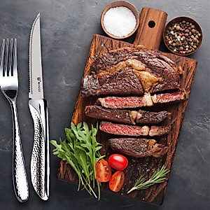 HISSF Steak knives Set of 8,Serrated Stainless Steel Sharp Blade Flatware Steak Knife Set,Unique Hammered Pattern Hollowed Handle,4.5 In,Dishwasher Safe