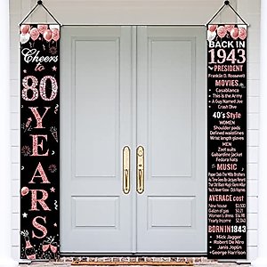 80th Birthday Door Banner Decorations for Women, Rose Gold Cheers to 80 Years Back in 1943 Banner Porch Sign Party Supplies, Happy Eighty Birthday Door Sign Decor for Indoor Outdoor