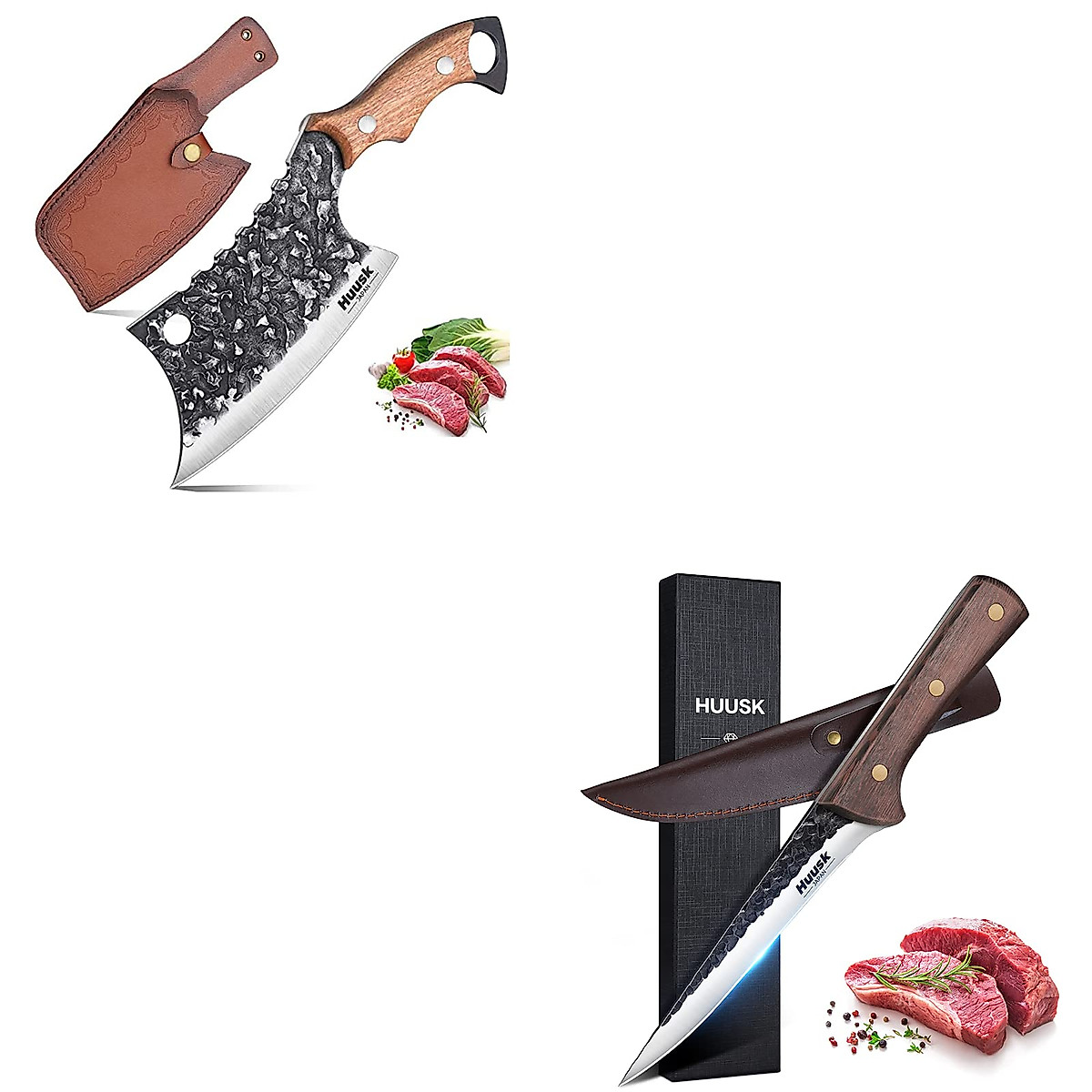Huusk Japan Knife Hand Forged Meat Cleaver Bundle with Japanese Meat Butcher Brisket Trimming Knife