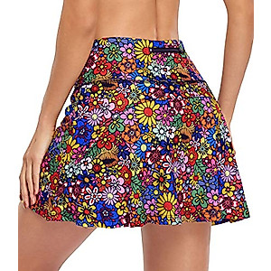 Fulbelle Tennis Skirt with Shorts, Cute Casual Summer Athletic Golf / Running Skorts with Pockets for Women, Colorful Flower Large