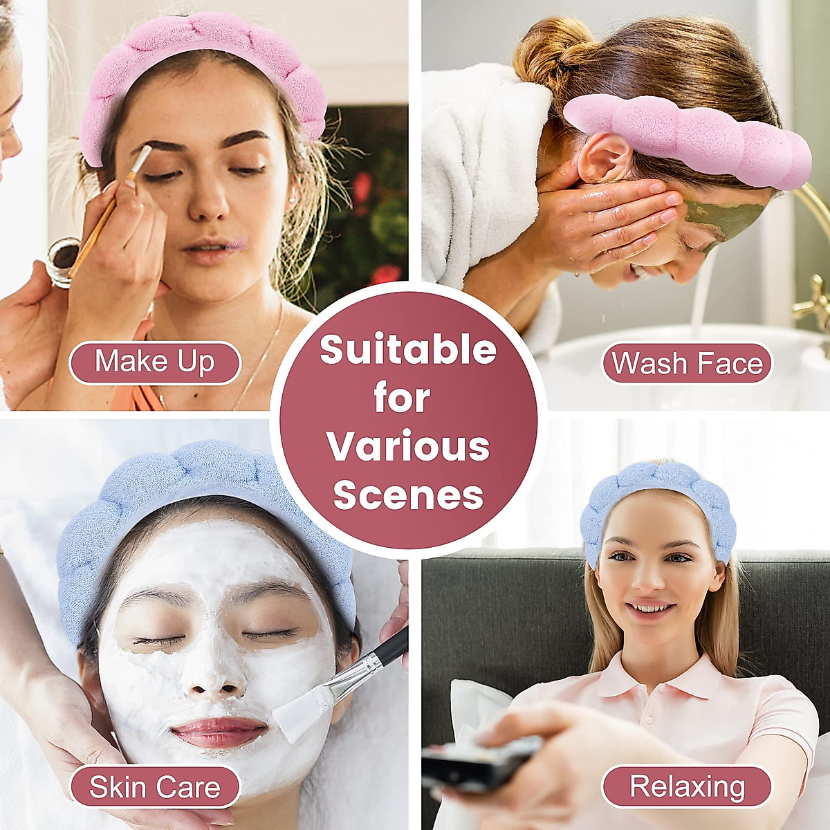 XBagSJ 2Pack SPA Headband for Washing Face, Puffy Headband, Face Wash Headband and Wrist Washband Set, Soft and Comfortable, Makeup, Shower, Skin Care headbands for Women Girls（Pink & Blue）