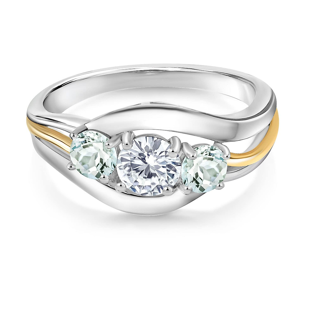 925 Sterling Silver and 10K Yellow Gold Round White Moissanite from Charles & Colvard and Sky Blue Aquamarine 3 Stone Ring For Women (1.00 Cttw, Available In Size 5, 6, 7, 8, 9)