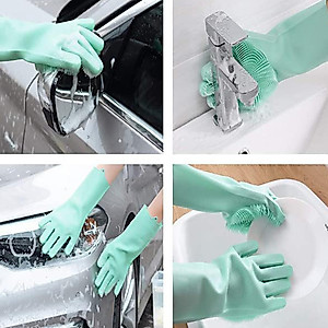 Aconcept 2 pair Dishwashing Cleaning Gloves for Kitchen, Rubber Reusable Scrubber Glove with Marker Pen, Silicone Soft Bristles Gloves for Household Cleaning, Pet Care, Car, Vegetable Washing, Green