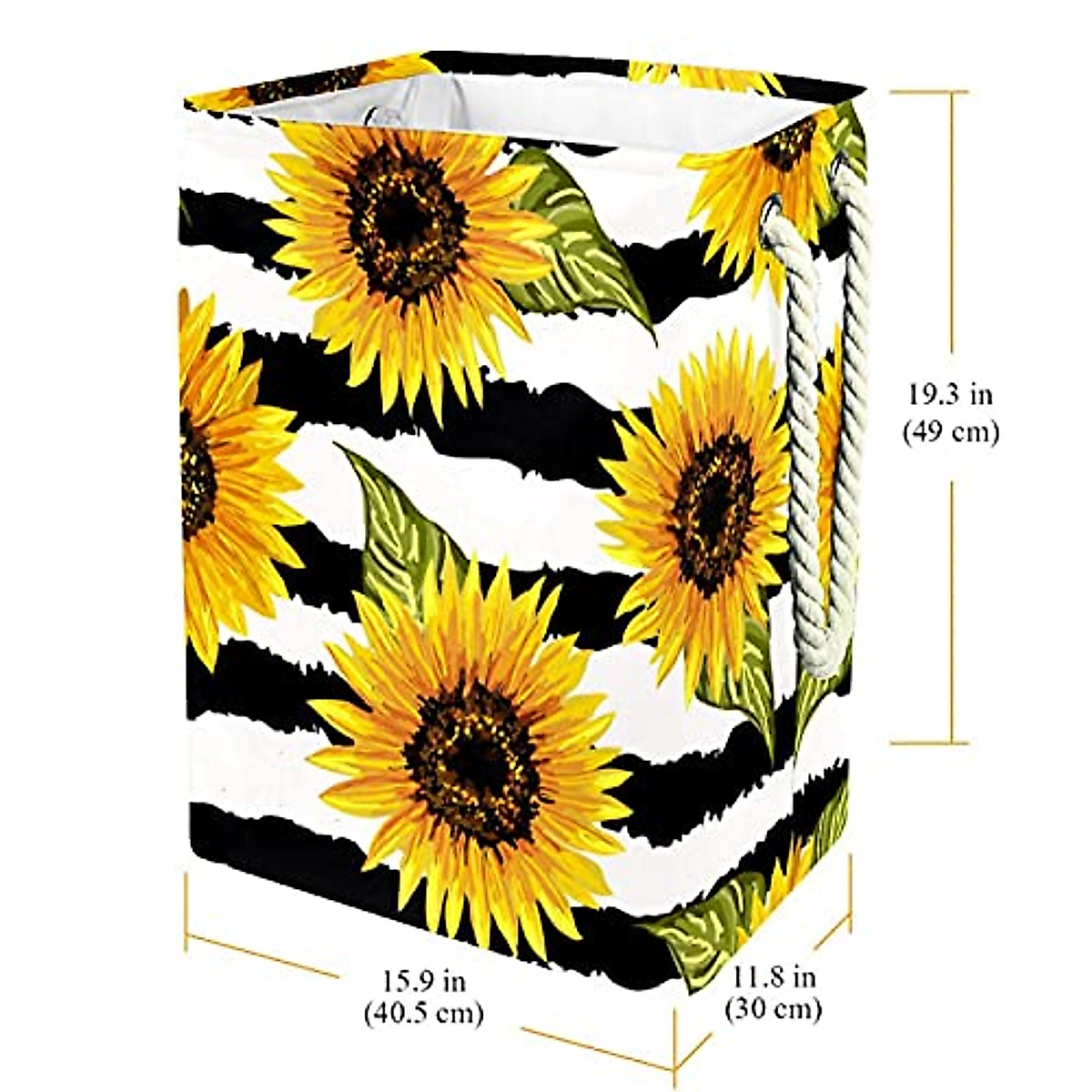 DEYYA Waterproof Laundry Baskets Tall Sturdy Foldable Sunflowers White Black Stripe Print Hamper for Adult Kids Teen Boys Girls in Bedrooms Bathroom