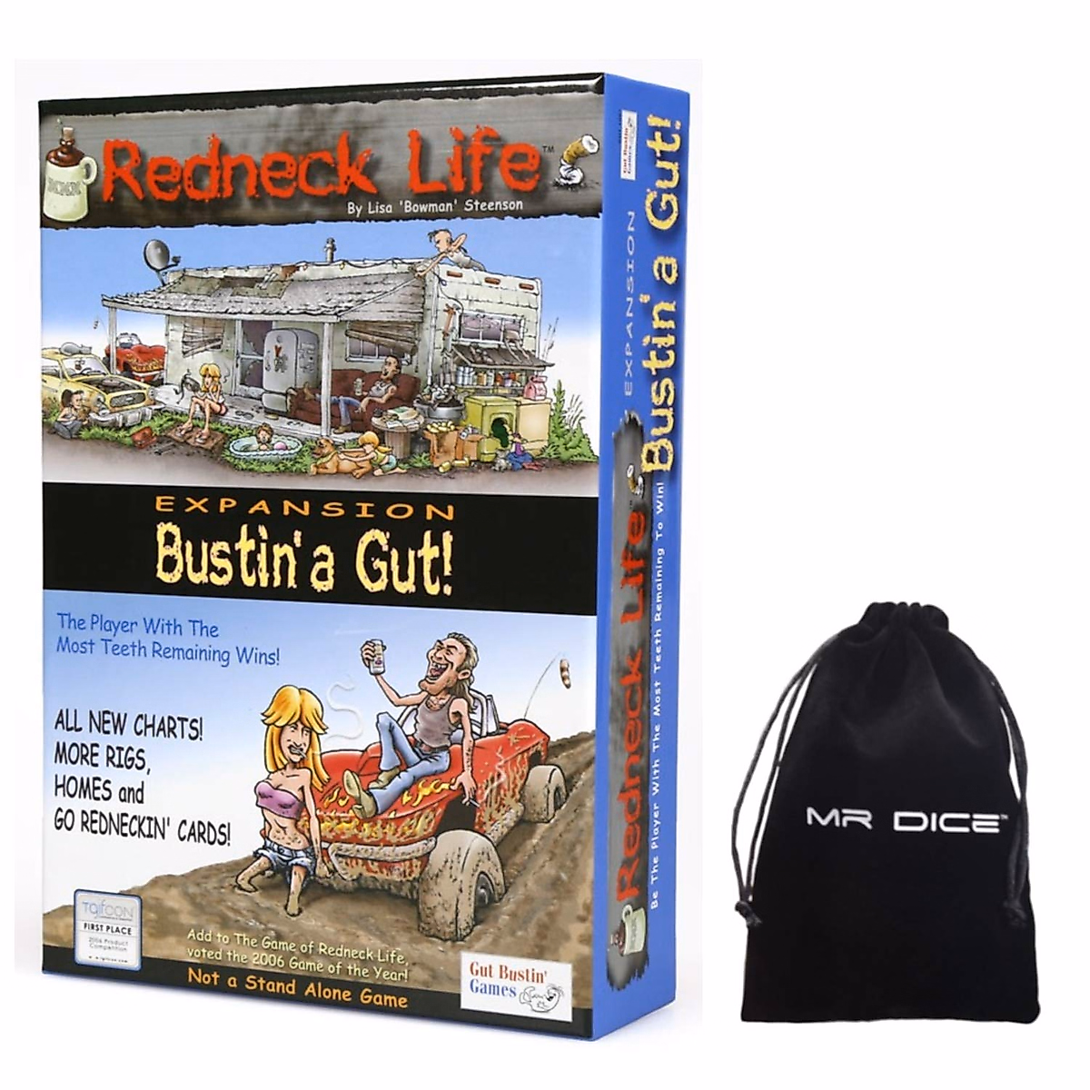 Redneck Life Expansion: Bustin' A Gut! Board Game Bundle with Mr Dice Drawstring Bag