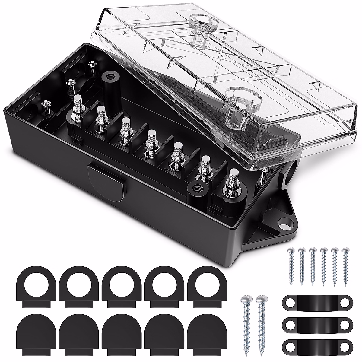 MICTUNING 7 Way Electrical Trailer Junction Box - 7 Gang Trailer Wire Connection Box Weatherproof for Rewiring Camper RV Caravans Boat Light, Transparent Cover