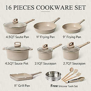 CAROTE Pots and Pans Set Non Stick, 16Pcs Kitchen Cookware Set, Stackable Induction Cookware, Pot and Pan set, Pans for Cooking, Taupe Granite