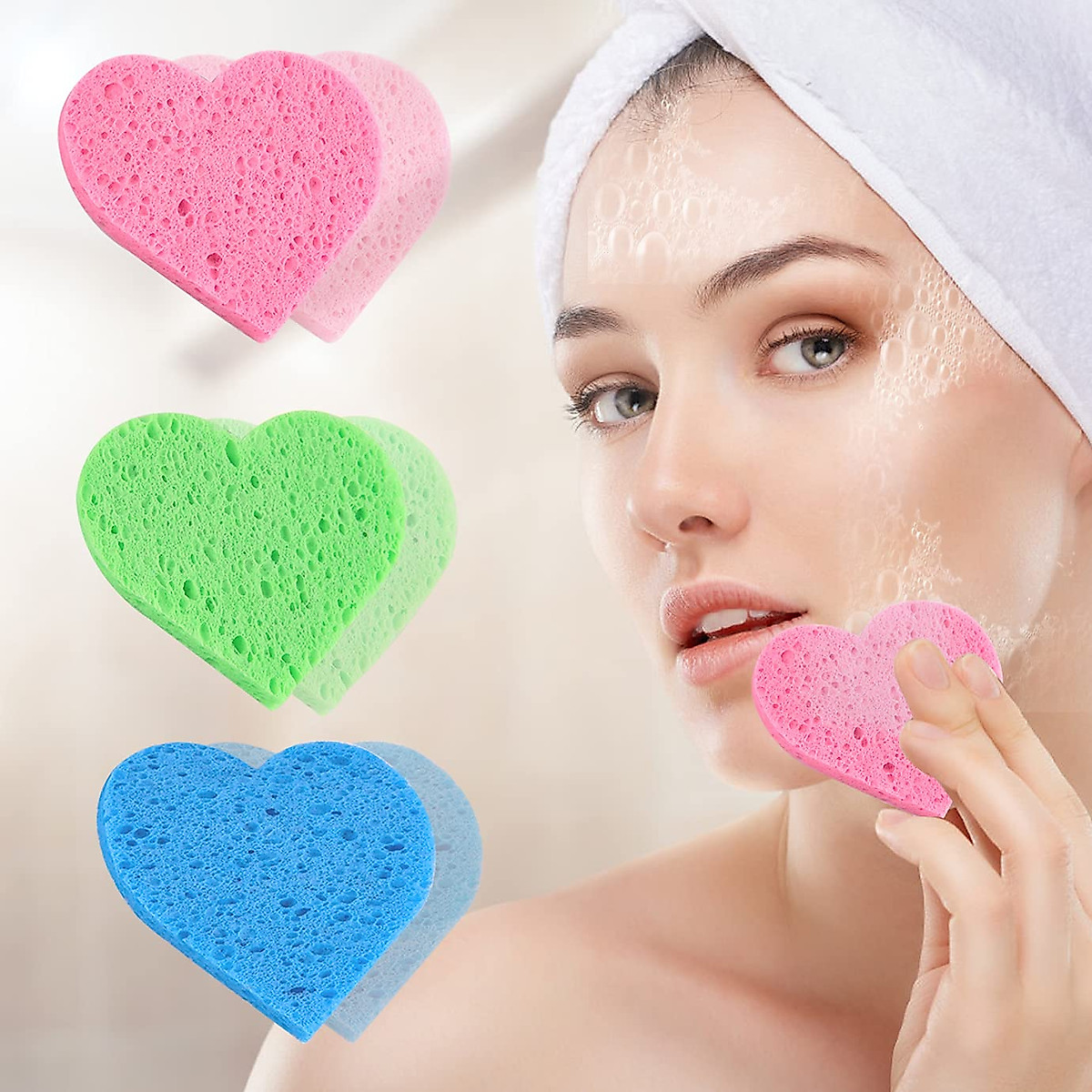 WXJ13 60 Pieces Heart Shaped Compressed Facial Sponge, Reusable Face Cleansing Sponge for Deep Facial Cleansing and Exfoliating Makeup Remover (Green, Pink, Blue)