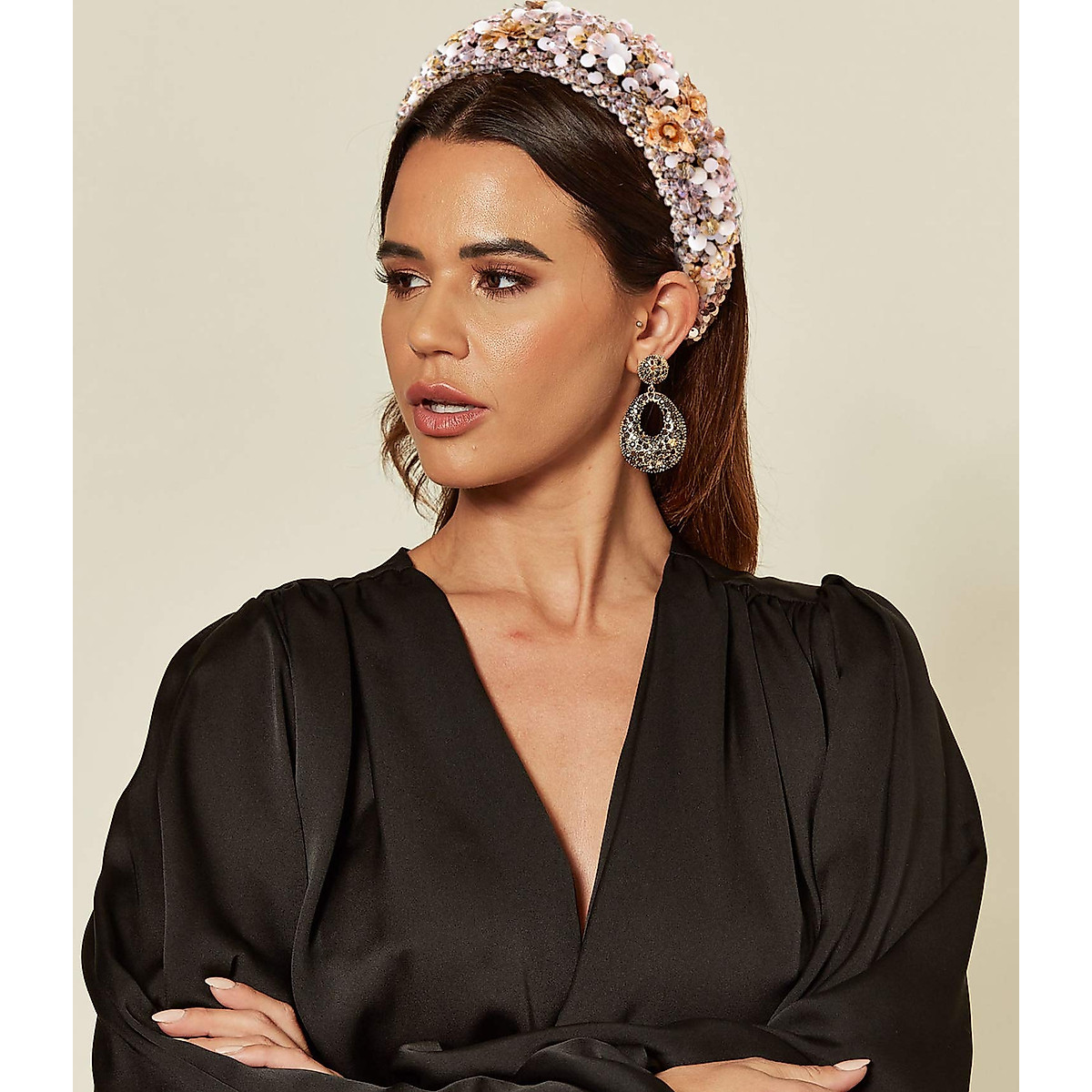 GLBCC Crystal Padded Headband for Women Handmade Pink Acrylic Beaded Headband Boho Small Flower Embellished Hair Band Black Velvet Hair Hoop (pink headband)