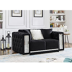 Melpomene Black Velvet Loveseat Sofa,Handmade Button Tufted Square Arm withFaux Diamonds, Mirrored Trim,Silver Metal Legs