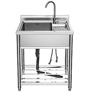 Stainless Steel Utility Sink, Free Standing Laundry Sink with Washboard, Laundry Tub Sink with Cold and Hot Water Faucet for Laundry Room Kitchen Garage Basement Shop Garden, Indoor and Outdoor Sink