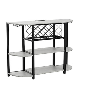 Unikito 4-Tier Metal Coffee Bar Cabinet with Outlet and LED Light, Freestanding Floor Table for Liquor Glass Holder Wine Rack Storage, Bakers Kitchen Dining Room, White Oak