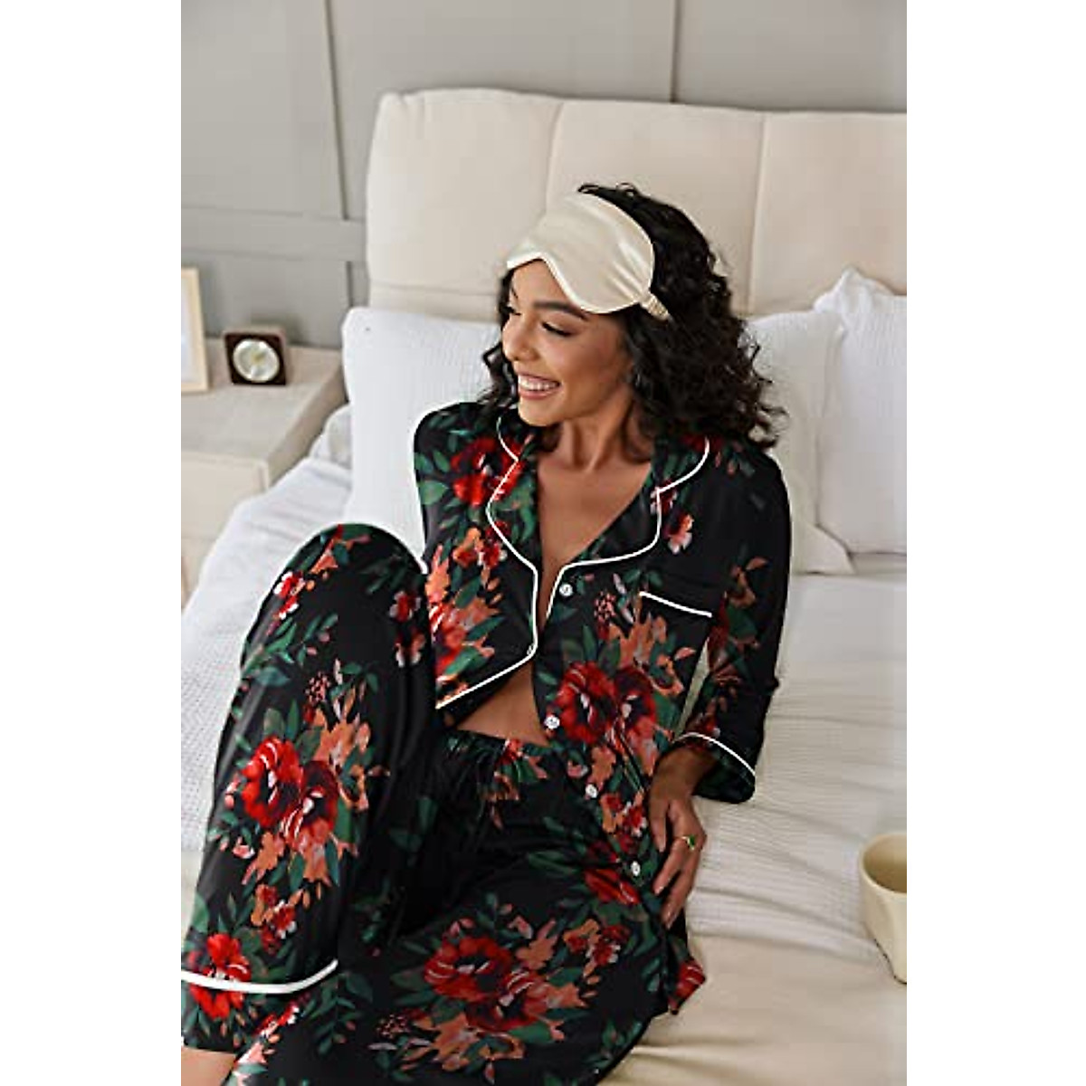 Ekouaer Long Sleeve Silk Pajama Set for Women Longs Comfy Sleepwear Button Down Pjs Winter,Floral Brown Black,Medium