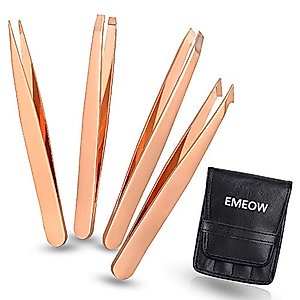 Best Eyebrow Tweezers Set – Professional Stainless Steel tweezer With Travel Case (4-Piece) – Precision Tweezers For Ingrown Hair, Facial Hair, Splinter, Blackhead And Debris Remover – EMEOW