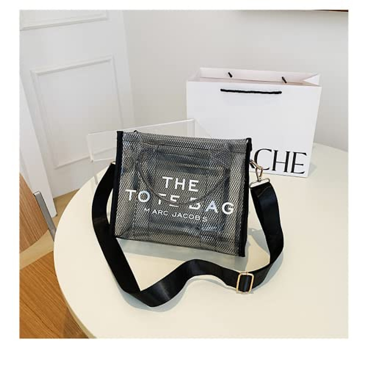 Ervkgm The Tote Bag for Women, PVC Tote Bag with Zipper Crossbody Bag for Office, Travel, School,Beach (Black,One Size)