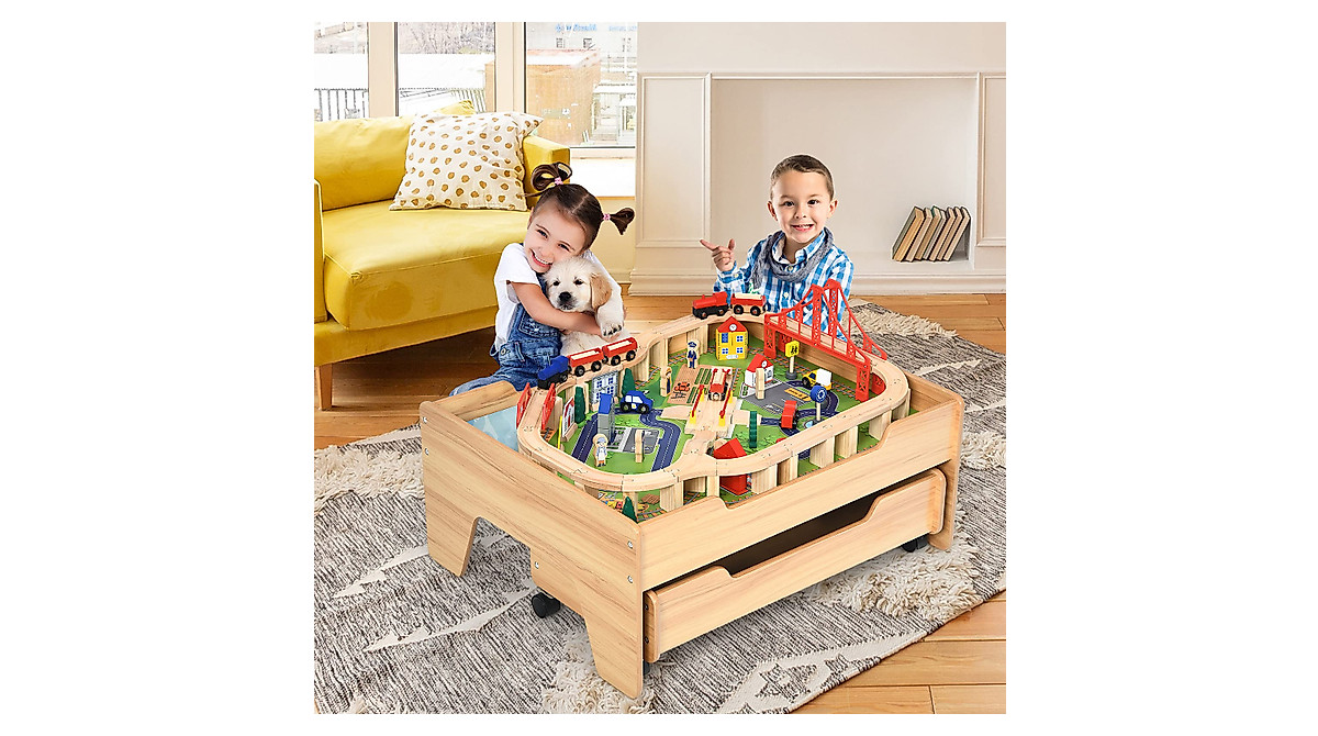 Kids Wooden Train Table with Storage & 100 Pieces | Toy Gift for Ages 3+