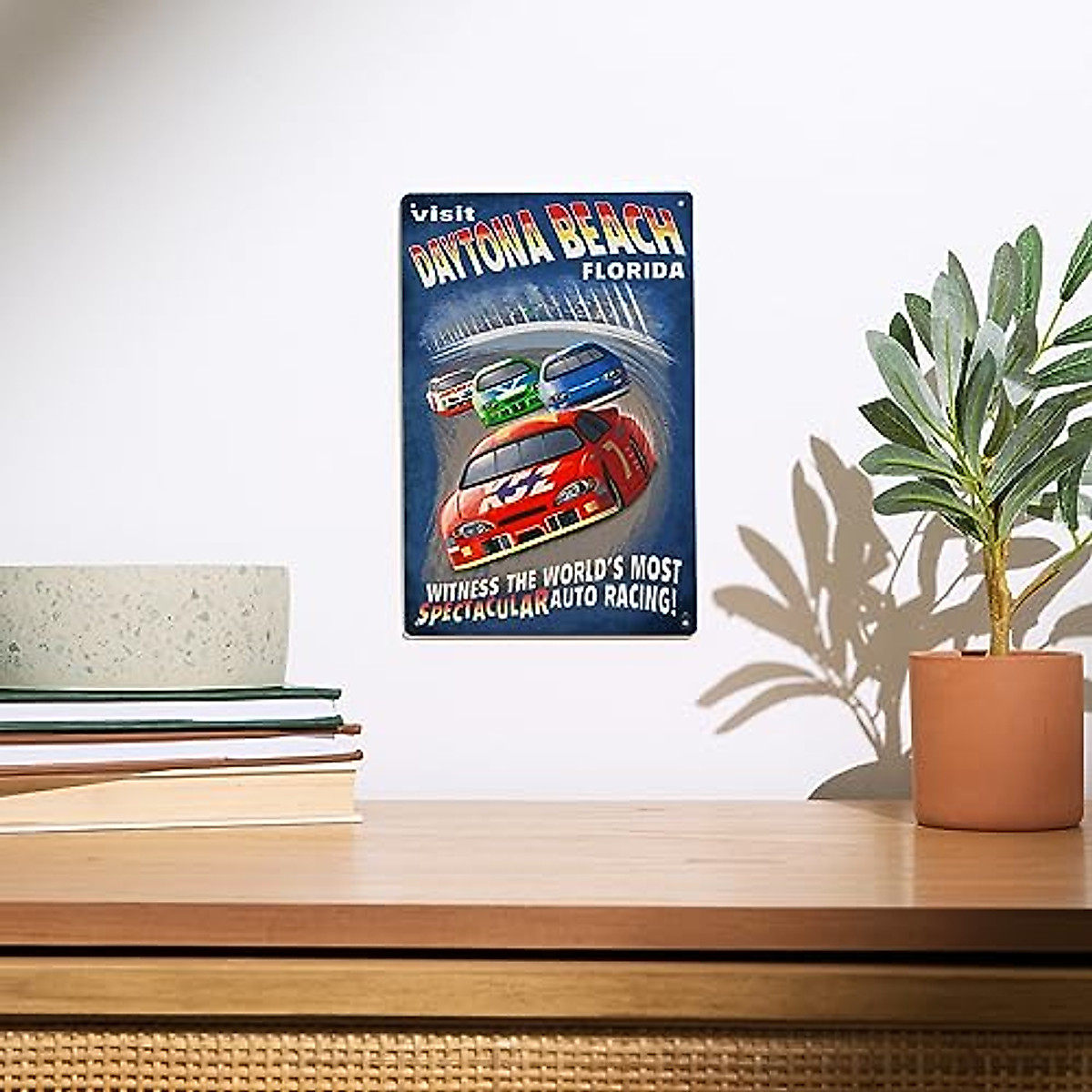 Lantern Press 6x9 Inch Wood Sign, Ready to Hang Wall Decor, Daytona Beach, Florida, Racecar Scene