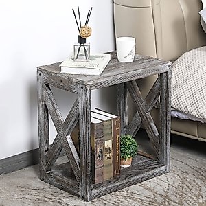 MyGift Vintage Gray Solid Wood Small End Table/Side Table/Night Stand/Bedside Table with X Design and Bottom Storage Shelf, Decorative Sturdy Nightstand